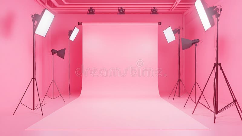 Photography Studio with Pink Backdrop and Lighting Setup Stock ...