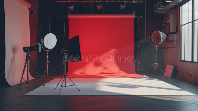 Photography Studio with Red Backdrop Stock Image - Image of scene ...