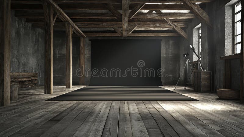 Photography Studio with Rustic Decor and Camera Lighting Stock Photo ...