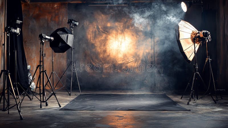 Photography Studio Setup with Lighting Equipment and Smoke Stock Photo ...