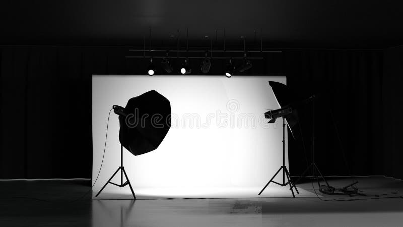 Photography Studio Setup with Lighting Equipment and White Backdrop ...