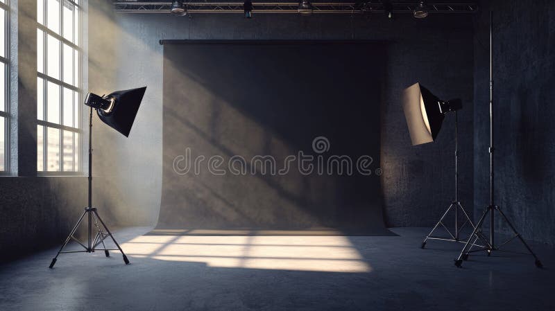 Photography Studio Setup with Lights and Black Backdrop Stock Photo ...