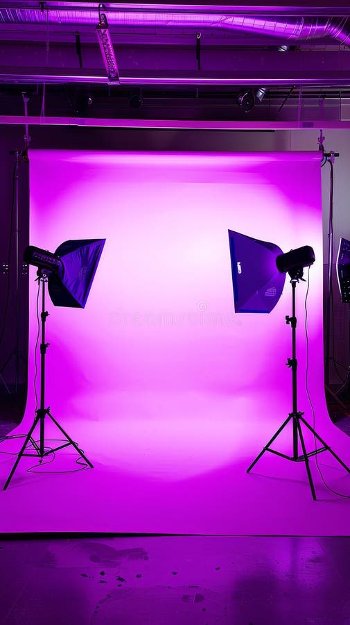 Photography Studio Setup with Purple Backdrop and Lighting Equipment ...