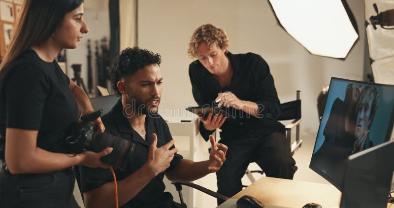 Photography, Teamwork and Director with Man in Studio for Fashion Model ...