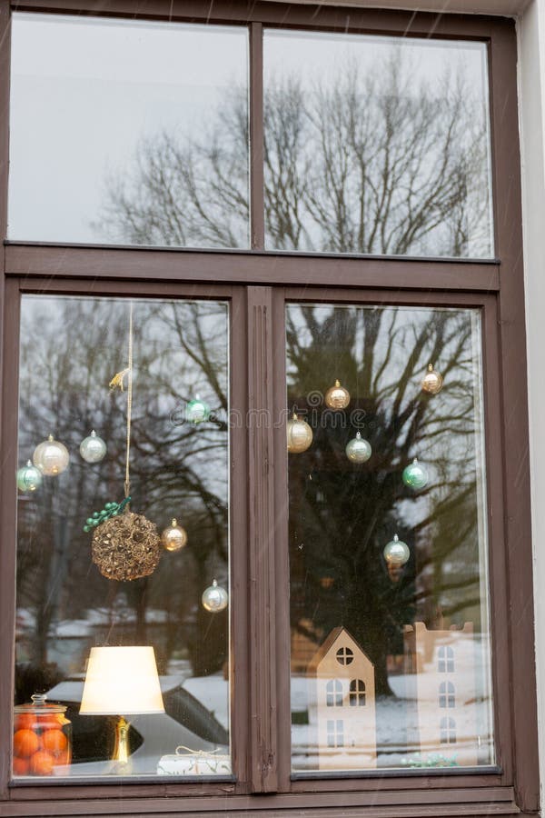 Tree Reflections on the Window, the Window is Decorated on a Christmas ...