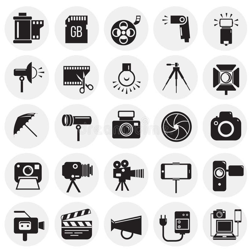 Photography and Videography Icon Set on Color Circles Black Background ...