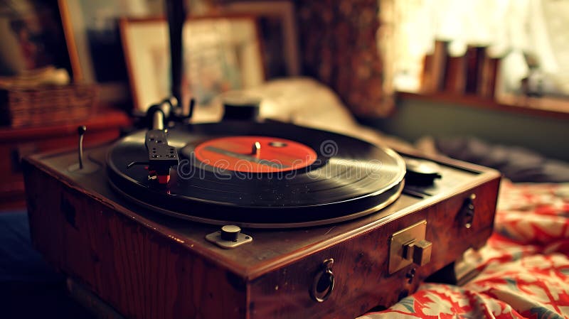 Photography of a Vintage Record Player with a Vinyl Record Stock ...