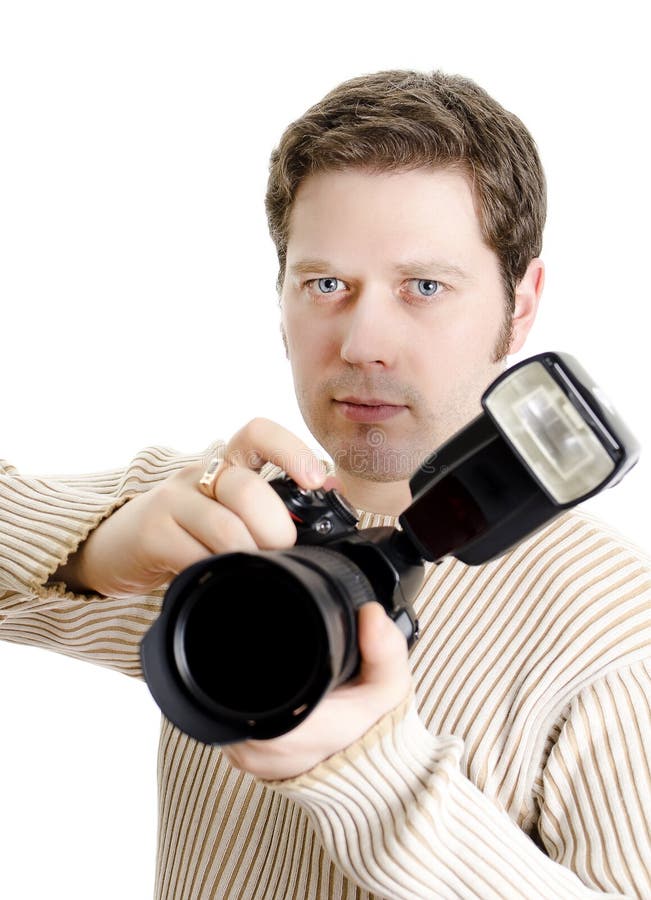 Photojournalist Holding Camera Stock Photo - Image of media, camera ...