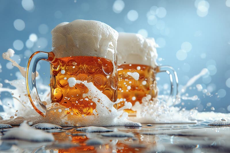 Photorealistic Beer Mugs Clinking, Foam Splash, Vast Copy Space ...