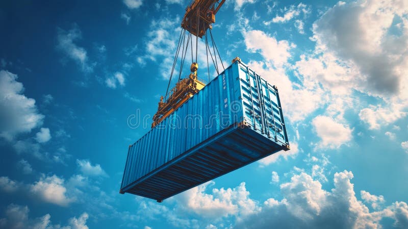 Photorealistic Capture of a Blue Cargo Container Hoisted by a Crane Under a Cloudy Sky Stock ...