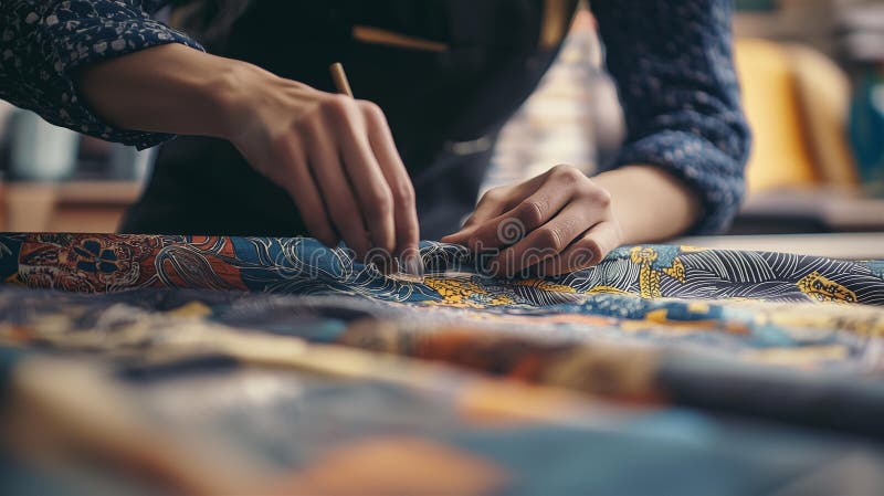 Photorealistic Close-up of a Textile Designer Working on Patterns and ...