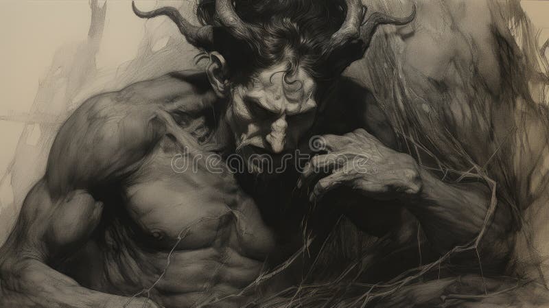 Photorealistic Demon Portrait with Pre-raphaelite Sketch Style Stock ...
