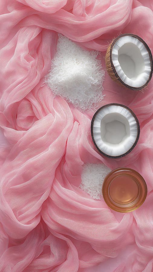 Photorealistic Flat Lay Display of Coconut Products with Pink Fabric ...