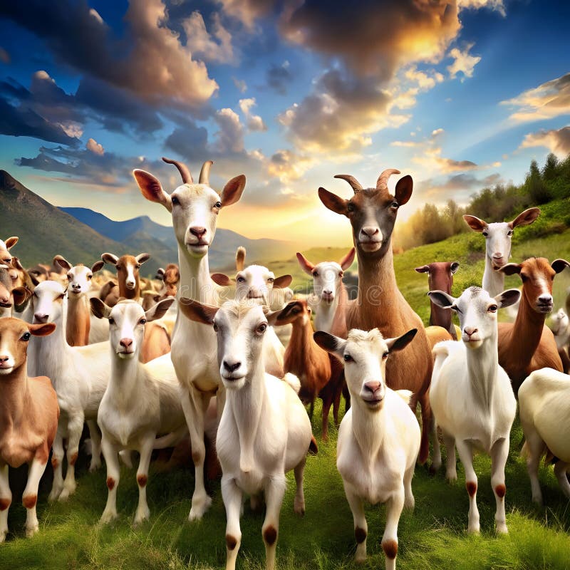 Photorealistic Flock of Goats in Nature Stock Illustration ...