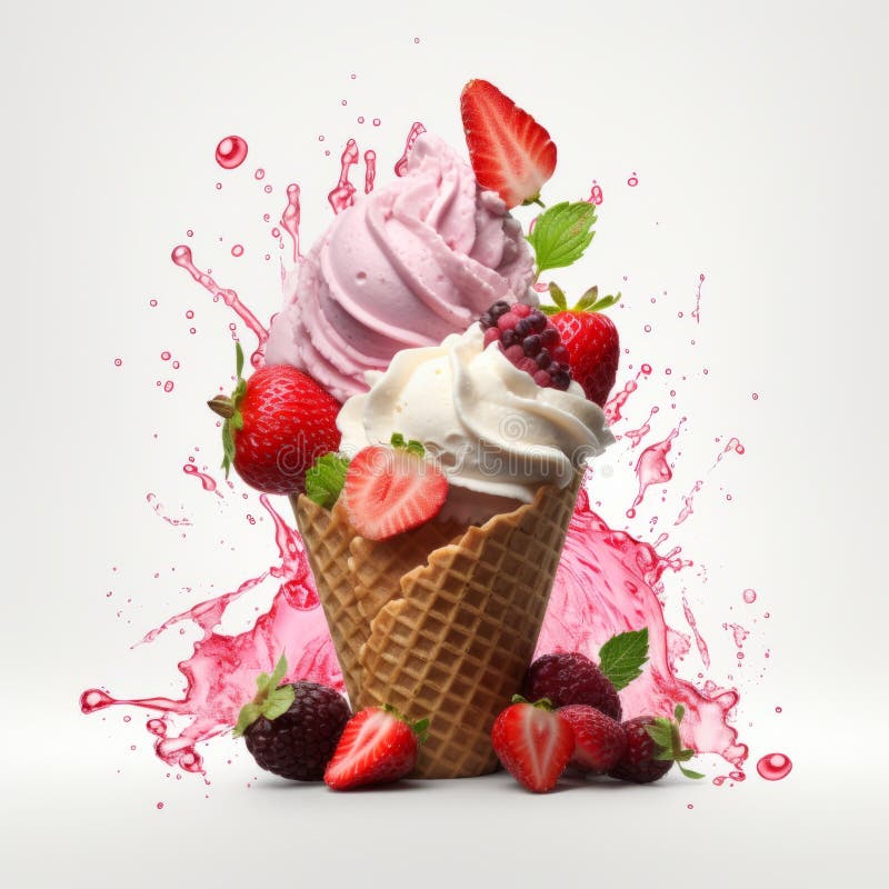 Photorealistic Ice Cream Cone With Strawberries And Bubbles Stock
