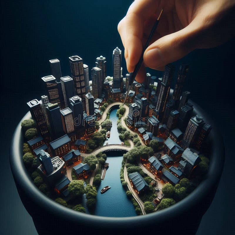 Photorealistic Illustration of a Town Inside a Pot. Stock Photo - Image ...