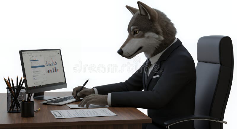 Wolf Accountant Working at Desk: Photorealistic Office Illustration ...