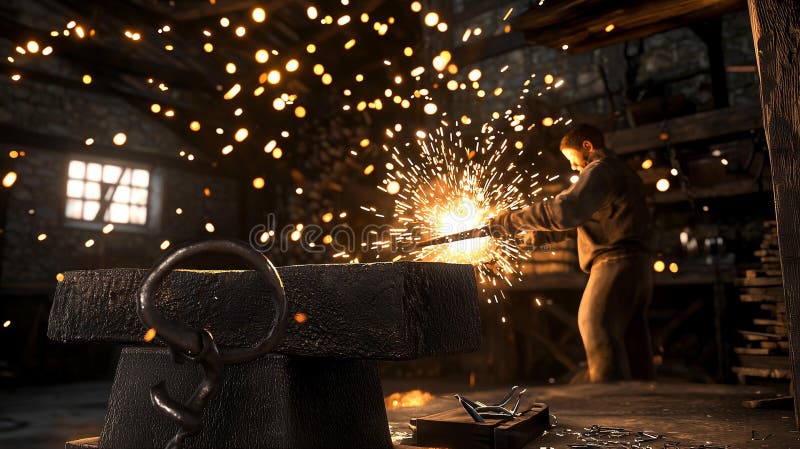 Photorealistic Image of a Blacksmith Forging a Custom Iron Hook on an Anvil, with Sparks Flying ...