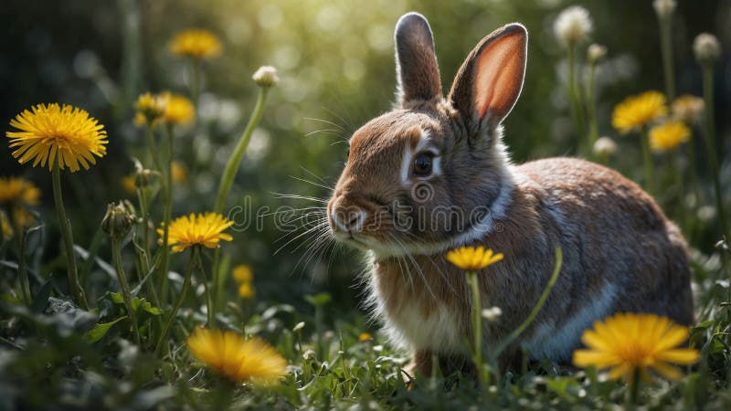 Photorealistic Image of a Bunny among Dandelions Stock Illustration ...