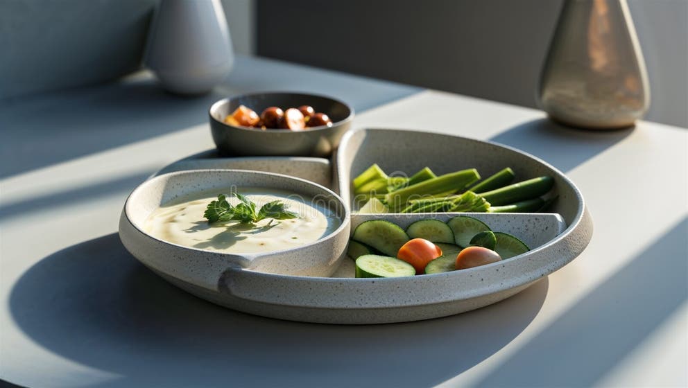 Photorealistic Image of a Ceramic Dip Set with Serving Tray and Side ...