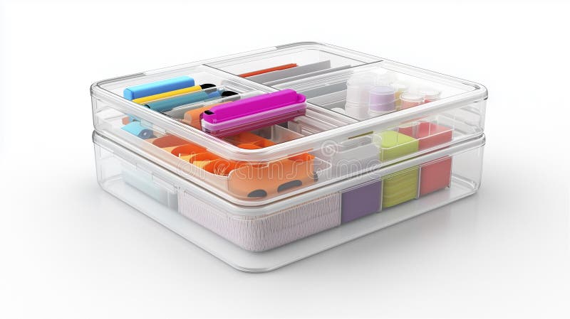 Photorealistic Image of a Clear Plastic Sewing Box with Multiple ...