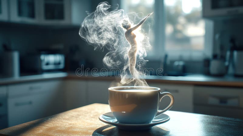 Photorealistic Image of a Coffee Cup with Dancing Woman Shaped Steam in ...