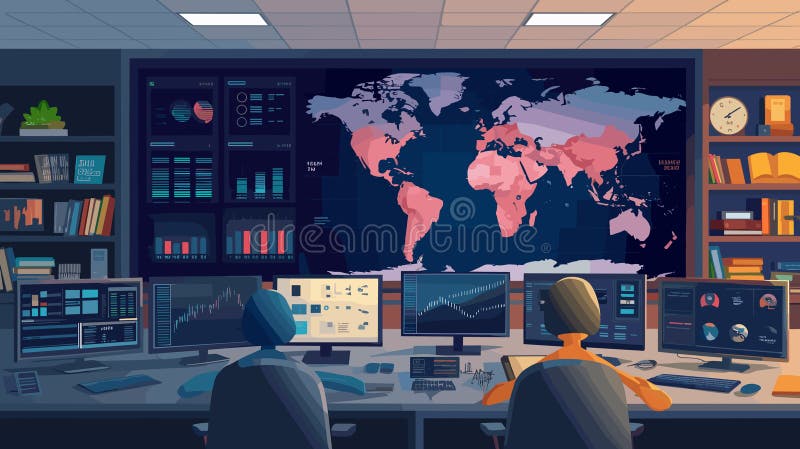 A Photorealistic Image of a Control Room with a World Map Display ...