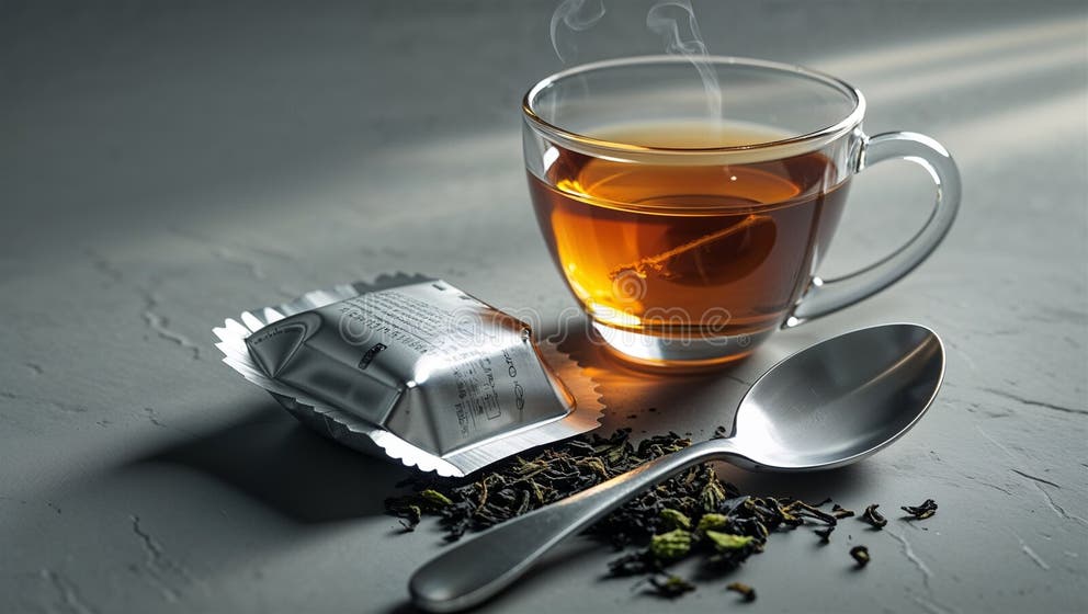 Photorealistic Image of a Empty Tea Wrapper beside Spoon Stock ...