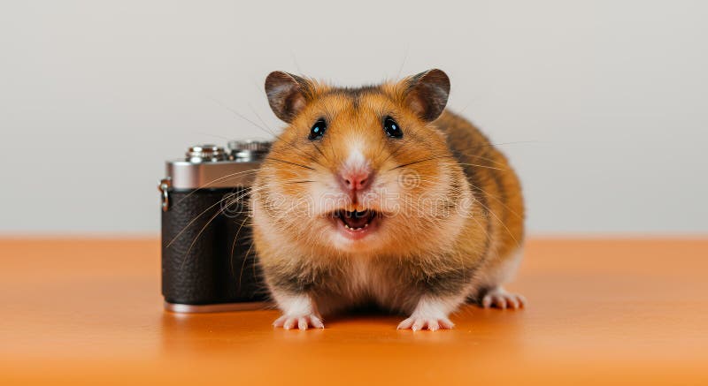 Smiling Hamster with Stuffed Cheeks Posing Next To Vintage Camera on ...