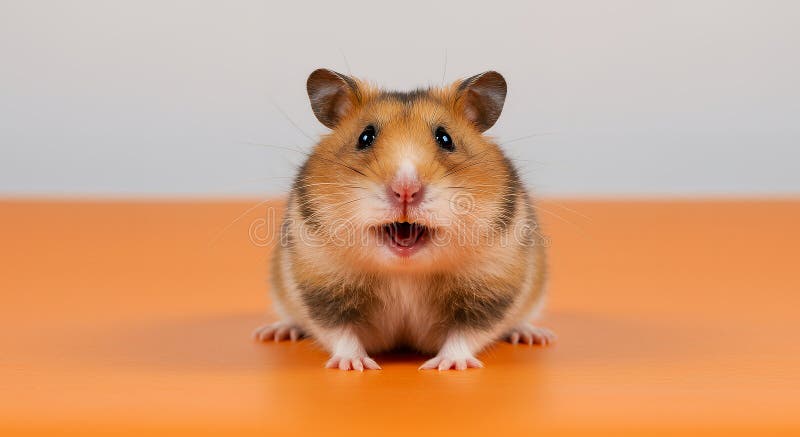 Playful Hamster with Stuffed Cheeks Smiling on Orange Surface Stock ...