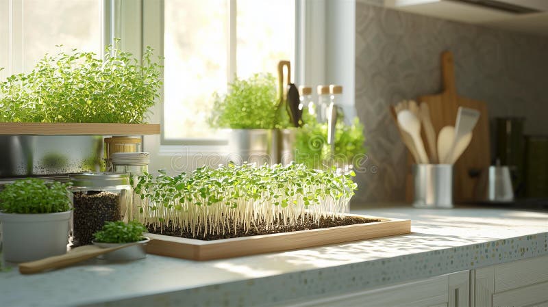 Photorealistic Image of a Kitchen Counter with Fresh Microgreens and ...