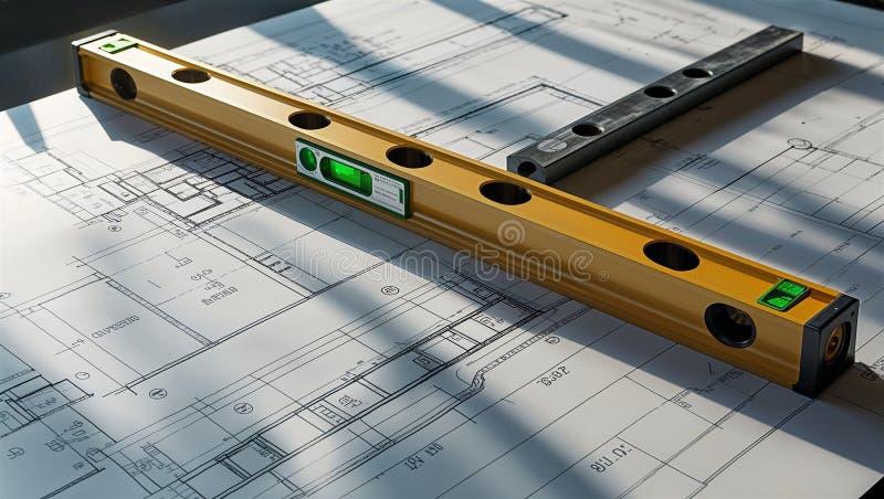 Photorealistic Image of a Level Tool Next To a Blueprint Stock ...