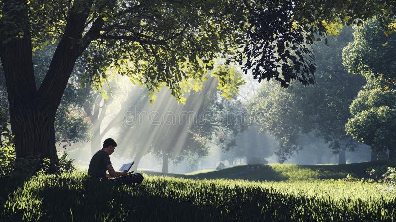 Photorealistic Image of a Man Journaling in a Serene Park, Surrounded ...