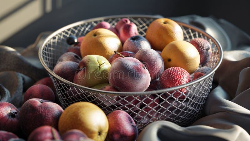 Photorealistic Image of a Mesh Basket Filled with Fruits Stock ...