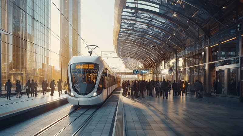 Photorealistic Image of a Modern Tram Station with Commuters Waiting on ...
