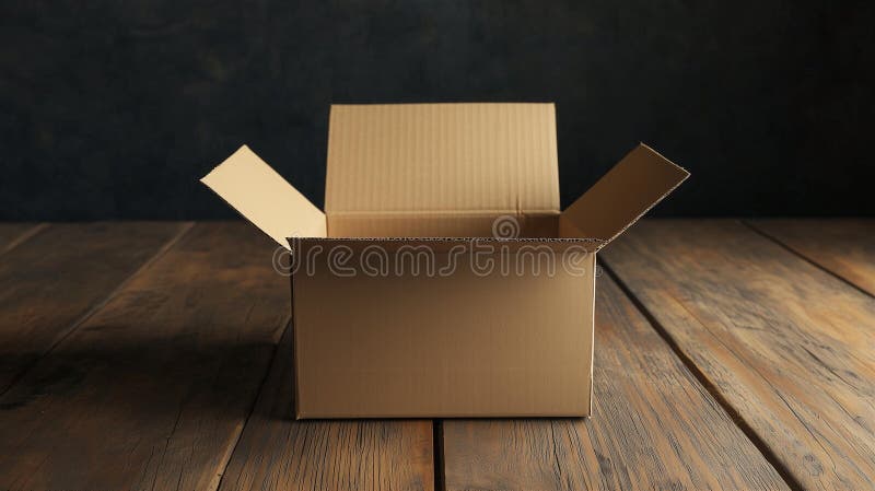 A Photorealistic Image of an Open Cardboard Box on a Wooden Table ...