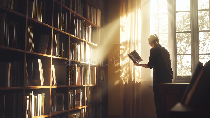 A Photorealistic Image of a Person Dusting a Bookshelf, with Light ...
