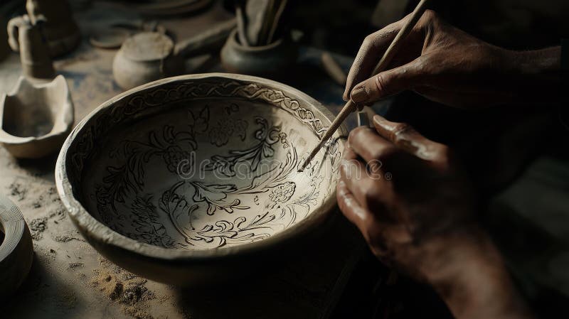 Photorealistic Image of a Potter Engraving Delicate Patterns into a ...