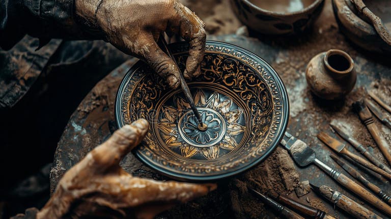 Photorealistic Image of a Potter Engraving Delicate Patterns into a ...
