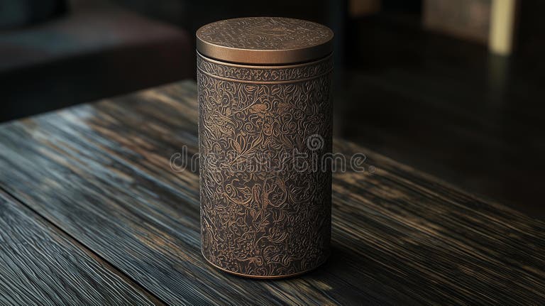 A Photorealistic Image of a Premium Cylindrical Tea Box with Intricate ...