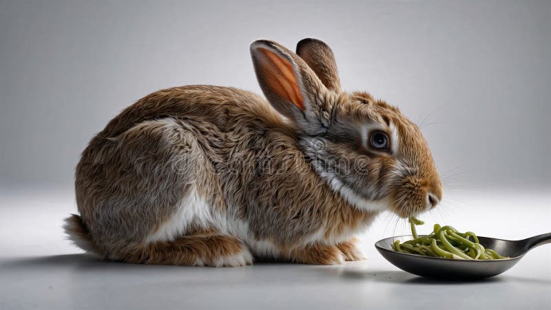Photorealistic Image of a Rabbit Curled Near Spoon on White Background ...
