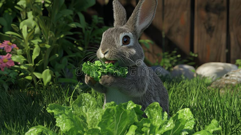 Photorealistic Image of a Rabbit Munching on Fresh Lettuce in a ...