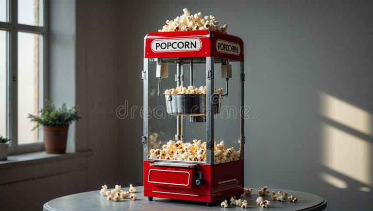 Photorealistic Image of a Retro-style Popcorn Machine with Red Base and ...