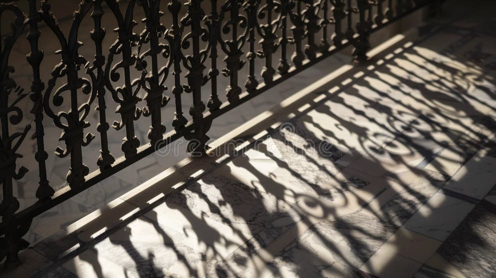 Photorealistic Image of a Shadow of Railing on Tiled Floor Stock Photo ...