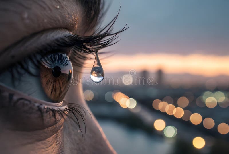 A Photorealistic Image of a Single Tear Falling from an Eye, Reflecting ...