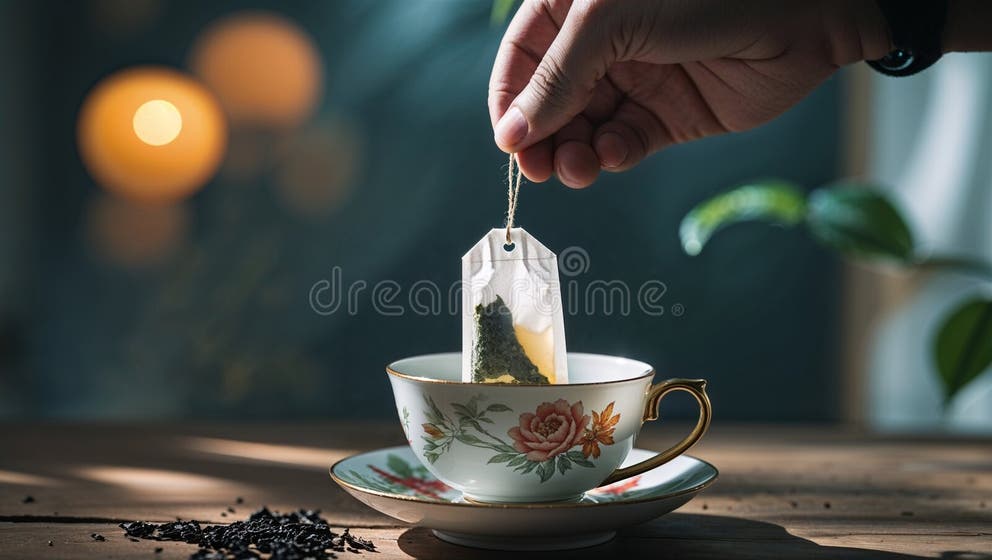 Photorealistic Image of a Tea Bag String Hanging Over Side of Mug Stock ...