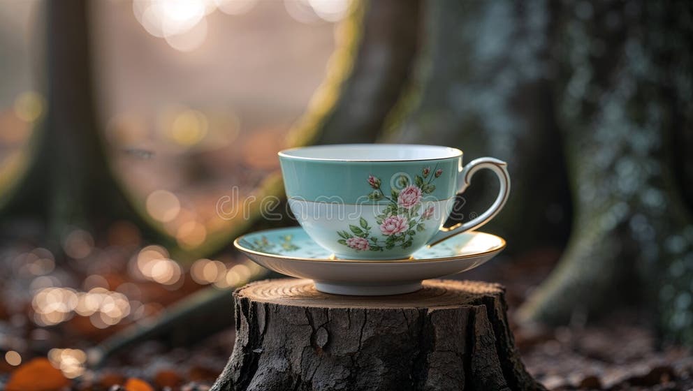 Photorealistic Image of a Teacup Resting on Tree Stump Stock ...