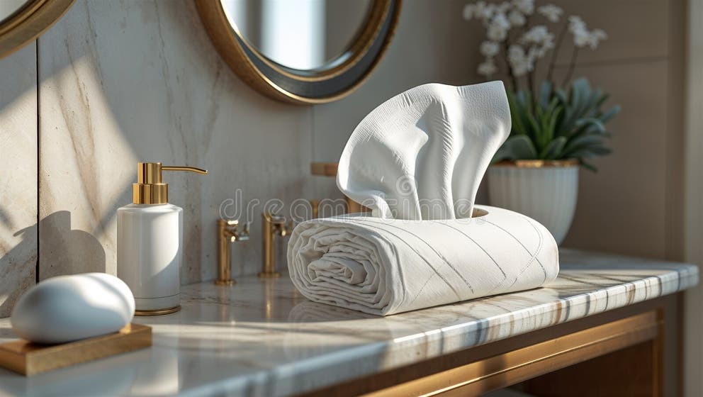 Photorealistic Image of a Tissue Folded on Vanity Shelf Stock ...