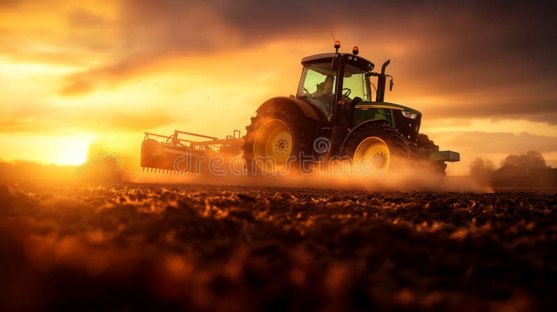 Photorealistic Image of a Tractor Working in a Field at Sunset. Stock ...