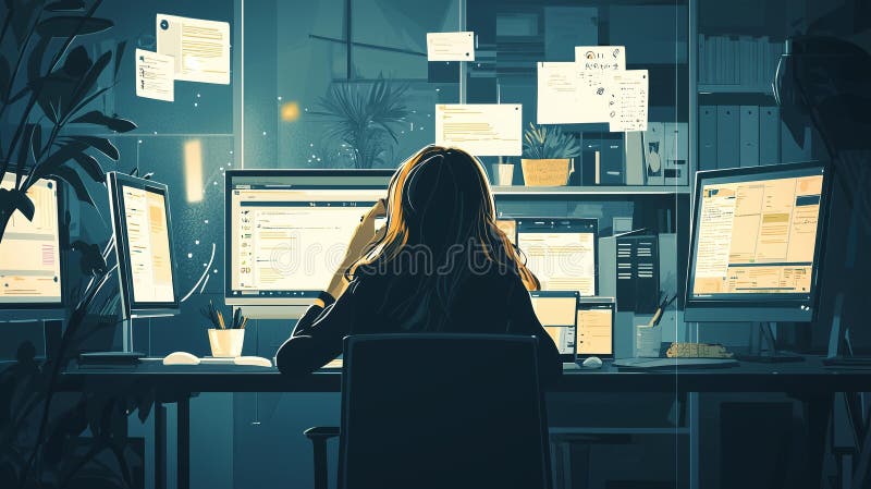 Photorealistic Image of a Woman at a Desk with Multiple Screens ...